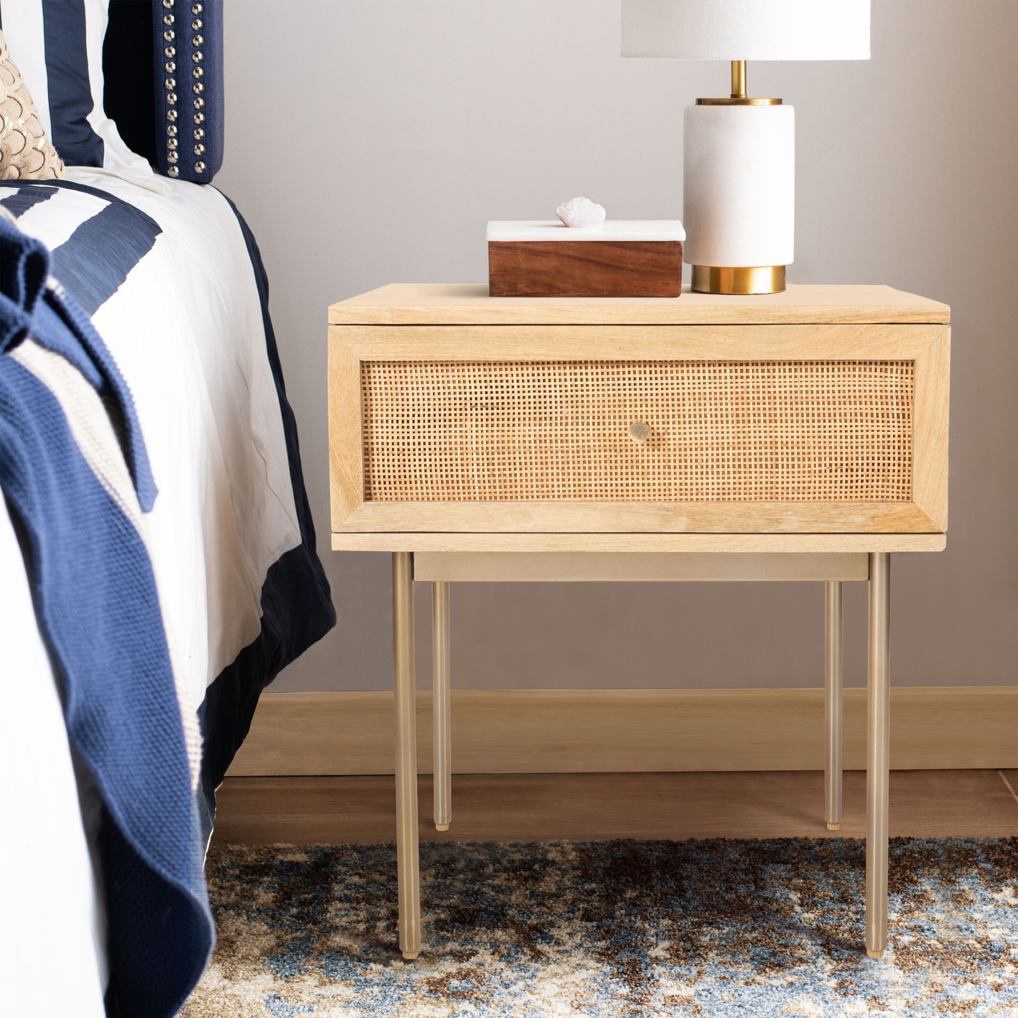 Martina Bedside Table 1 Drawer Storage Cabinet Solid Mango Wood Rattan ...